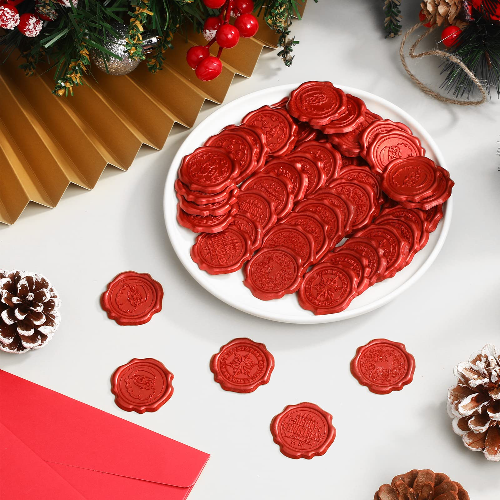 Dianelhall 50 Pcs Christmas Wax Seal Stickers Vintage Envelope Seal Stickers Embossed Christmas Wedding Sticker Roses Snowflake Stickers Self Adhesive Wax Seals for Wedding(Wine Red)