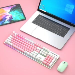 MageGee Wireless Gaming Keyboard, Rechargeable RGB LED Backlit Quiet Keyboard with Sidelight & Metal Panel, V510 2.4G Wireless Ergonomic Waterproof Office Keyboard, White and Pink