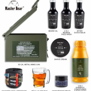 Gift for Men | 50 Cal Metal Ammo Cans Gift Box Shaving Grooming Set Collection for Him | Fathers Day Holiday Christmas Gift Ideas with Glass Skull Beer Mug, Magnetic Wristband, Hand Cream, Body Wash