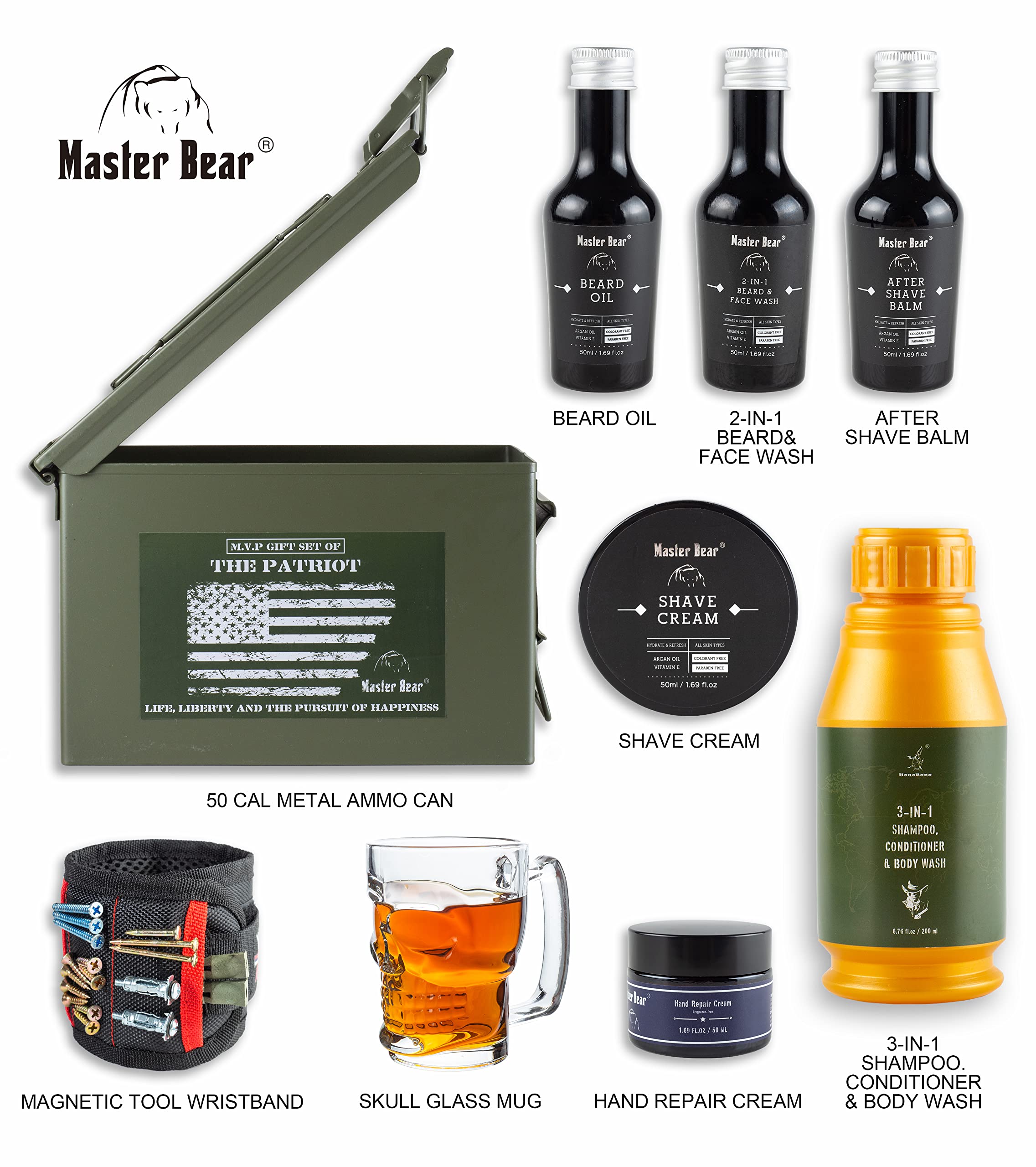 Gift for Men | 50 Cal Metal Ammo Cans Gift Box Shaving Grooming Set Collection for Him | Fathers Day Holiday Christmas Gift Ideas with Glass Skull Beer Mug, Magnetic Wristband, Hand Cream, Body Wash