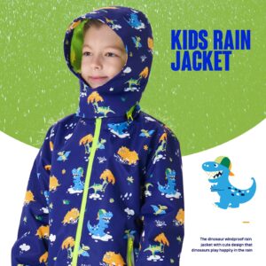 WAWSAM Kids Boys Rain Jacket Waterproof Toddler Raincoat Outdoor Dinosaur Rain Jacket with Detachable Hood Lightweight Rain Poncho Jacket Windbreaker Dino Rain Coat with Reflective Strip