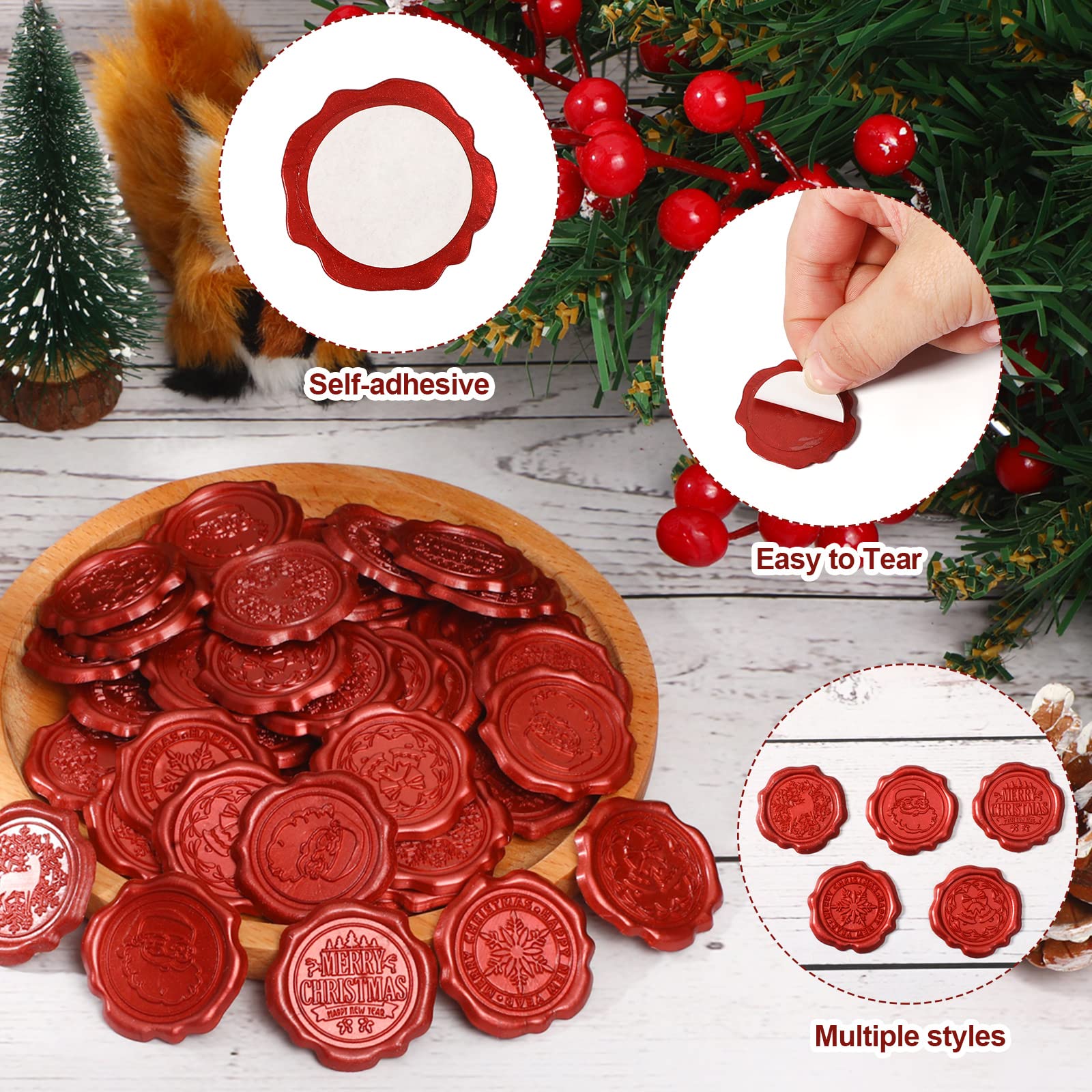 Dianelhall 50 Pcs Christmas Wax Seal Stickers Vintage Envelope Seal Stickers Embossed Christmas Wedding Sticker Roses Snowflake Stickers Self Adhesive Wax Seals for Wedding(Wine Red)