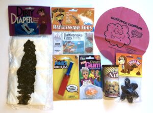 nikki's knick knacks 7 piece prank kit set- whoopee cushion, dirty diaper, chewed gum, and more!