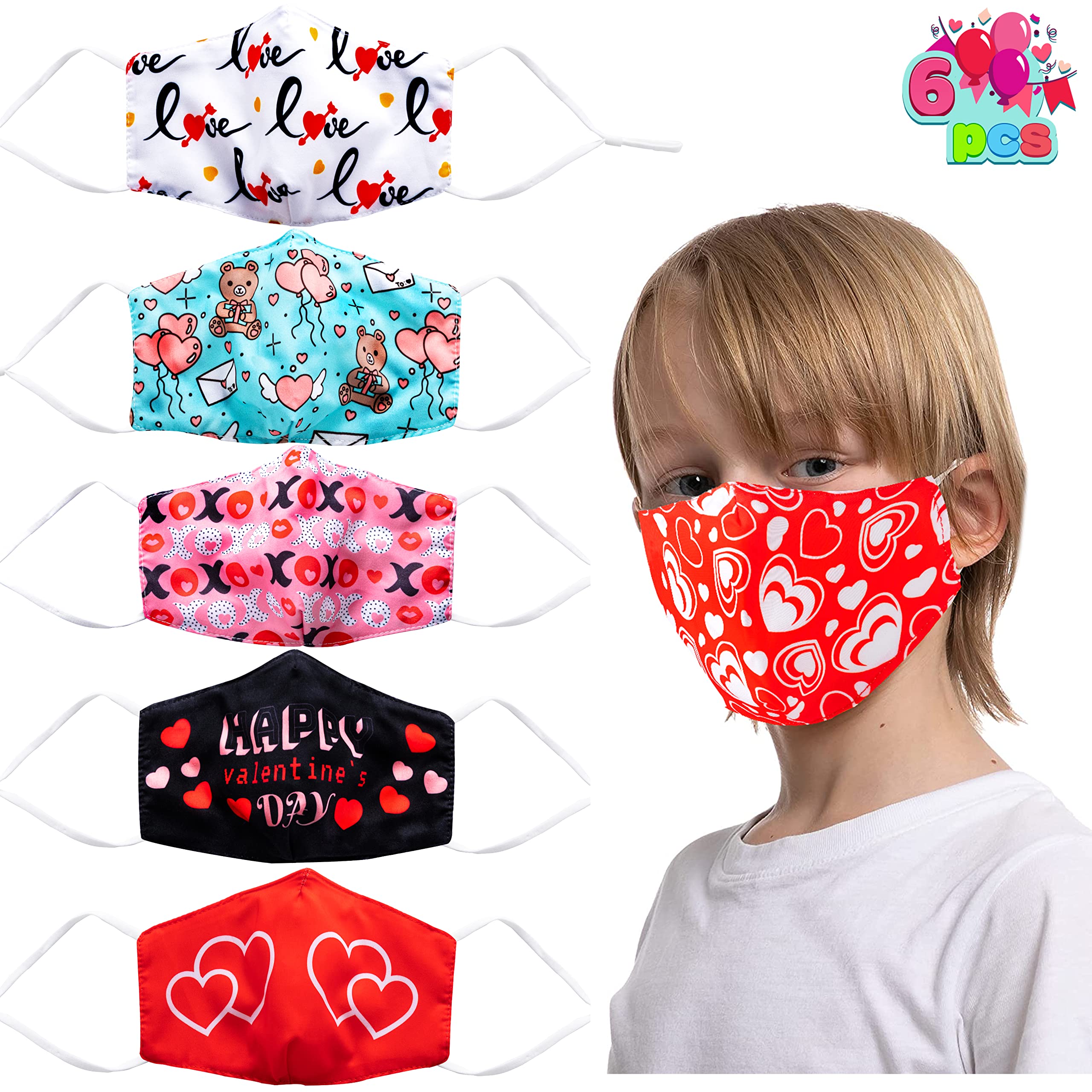 JOYIN 6 Pcs Valentine's Day Print Reusable Face Mask 3D Ergonomic with Adjustable Elastic EarLoop, Breathable Washable Dustproof Mouth Protector for Teens Adult Girls