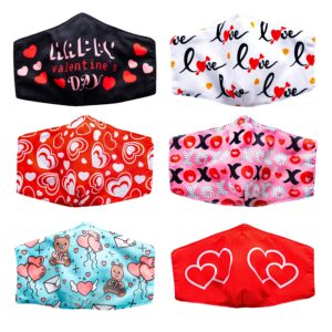 JOYIN 6 Pcs Valentine's Day Print Reusable Face Mask 3D Ergonomic with Adjustable Elastic EarLoop, Breathable Washable Dustproof Mouth Protector for Teens Adult Girls