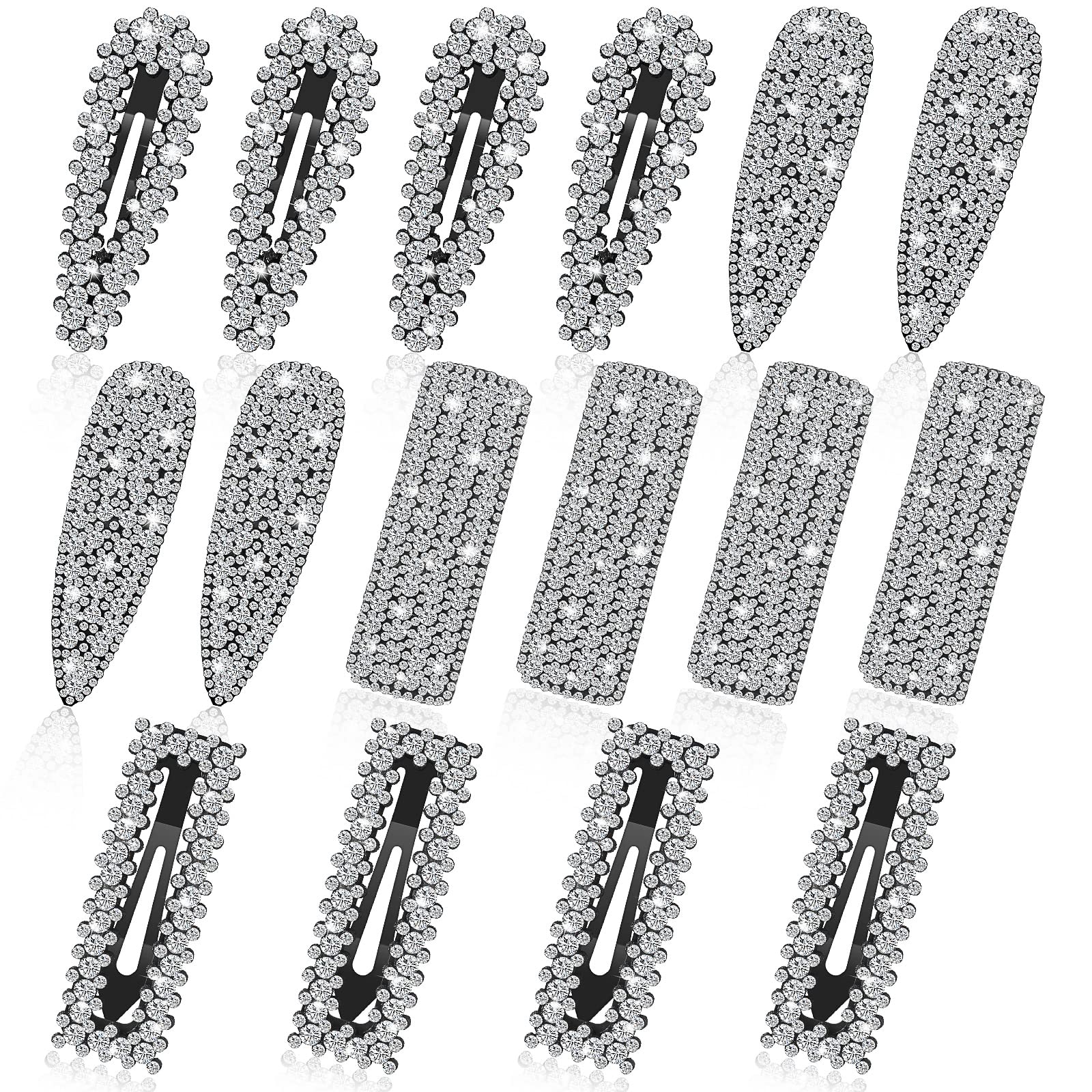 16 Pcs Rhinestone Snap Hair Accessories: Bridal Shower Hair Clips and Decorative Hair Pins for Women & Girls - 3 Inches Large Silver Bling Hairpins for Weddings