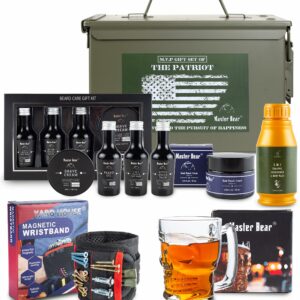 Gift for Men | 50 Cal Metal Ammo Cans Gift Box Shaving Grooming Set Collection for Him | Fathers Day Holiday Christmas Gift Ideas with Glass Skull Beer Mug, Magnetic Wristband, Hand Cream, Body Wash