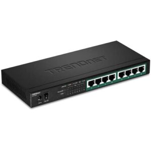 trendnet 8-port gigabit poe+ switch, 65w poe power budget, 16gbps switching capacity, ieee 802.1p qos, dscp pass-through support, fanless, wall mountable, lifetime protection, black, tpe-tg83