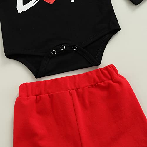 Vervocedenovo Newborn Baby Boy Valentines Day Outfit Mama 's Boy Bodysuit Romper Heart Long Pants Hat 3Pcs Clothes Set (Black Red, 12-18 Months)