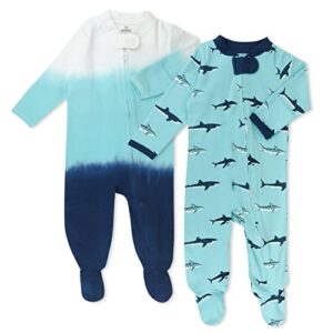 honestbaby 2-pack sleep and play footed pajamas one-piece sleeper jumpsuit zip pjs organic cotton for baby girls, boys, unisex, sharks, 3-6 months