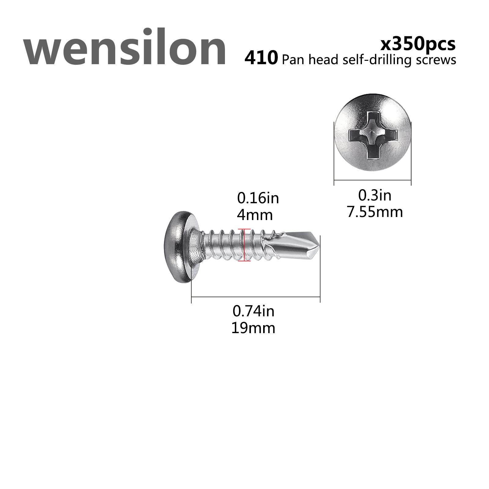 （350pcs）#8X3/4 Phillips Pan Head Self Drilling Screws, Self Tapping Sheet Metal Screws - 410 Stainless Steel