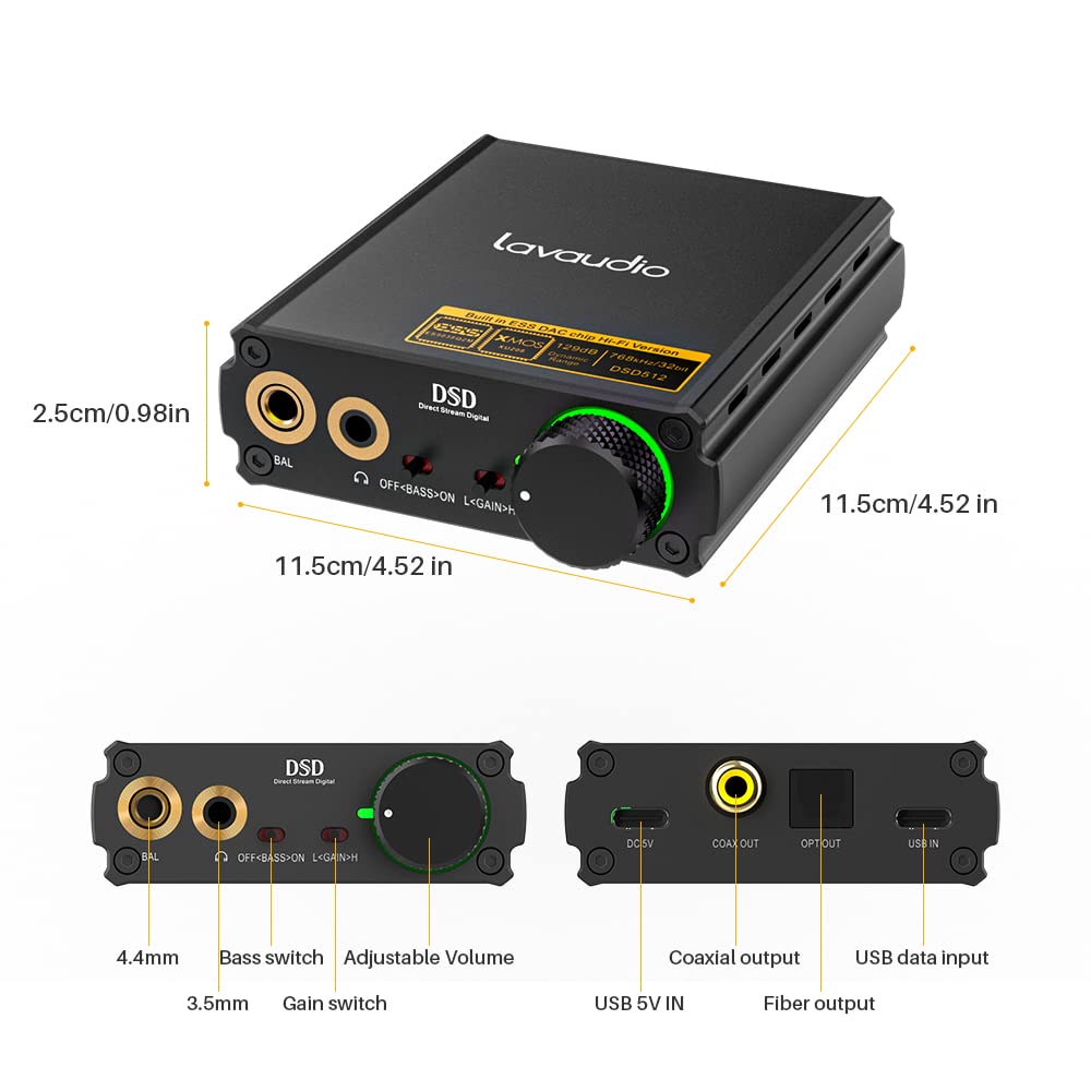 1Mii Lavaudio DS400 Portable DAC/Headphone Amplifier Stereo Supports 768K/32Bit and Native DSD512, Hi-Res Hi-Fi for PC Headphone Out/3.5/4.4 mm/Coaxial/Optical Out Windows/Android/iOS Compatible