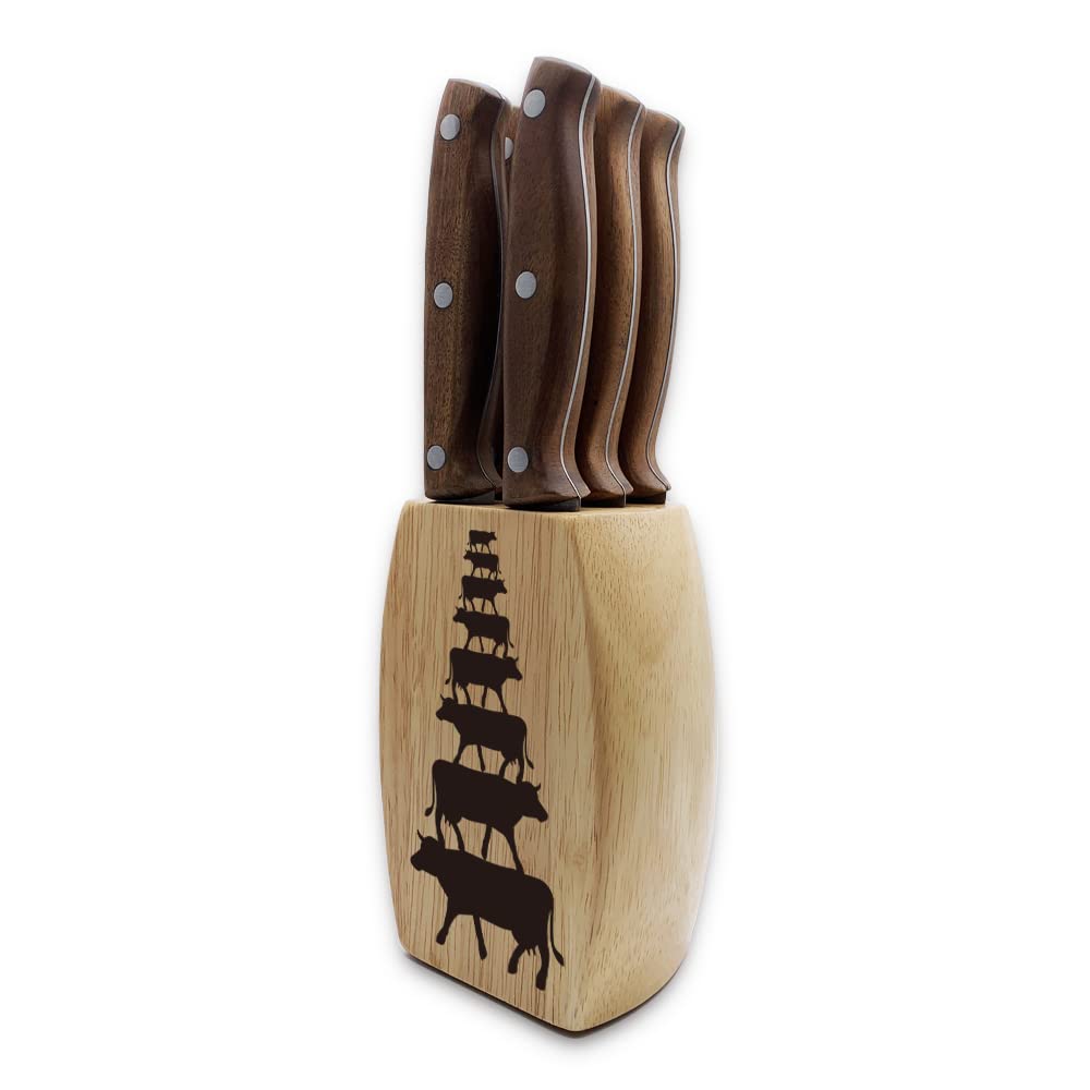 IDEAL ERA Funny Cattle Pattern Farmhouse Kitchen Decor For Steak Knives 5 Inch Utility 6 Piece Slot Durable 100% Natural Oak Wood, Gift Family Friends, Birthday gifts 3.7*2.4*5inch,Light Brown DXA10