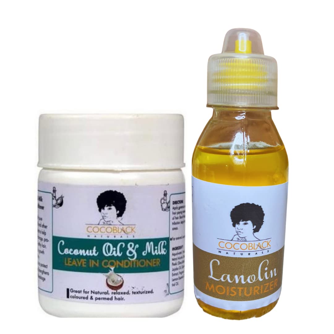 Coco Black Naturals CocoBlack Naturals Moisture Duo, Coconut Oil & Milk Leave In Conditioner, Lanolin Oil for Kinky Coily Type 4 Hair, 8.8 Fl Oz 2 Piece Set