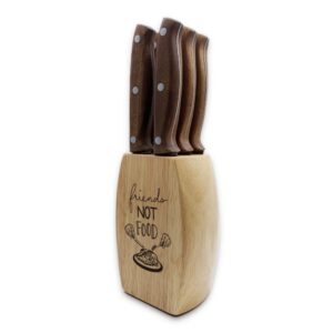 Friends Not Food Farmhouse Kitchen Decor Knife Block For Steak Knives 5 Inch Utility Knives 6 Piece Slot Organizer Durable 100% Natural Oak Wood, Gifts for Family Friends, Birthday gifts 3.7x2.4x5"