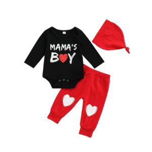 newborn infant baby boy girl clothes letter print romper pants set hat 3pc outfits set coming home outfit (black red, 0-3 months)