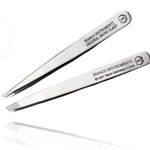 Bianco Instruments Slant and Micro Slant Tweezer Bundle - Made in USA Stainless Steel - Expertly Honed for a Professional Grip on Even the Most Stubborn Hairs - 2mm and 3.5mm Tips