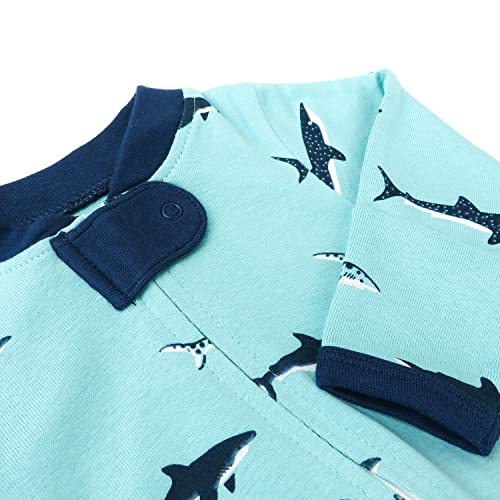 HonestBaby 2-Pack Sleep and Play Footed Pajamas One-Piece Sleeper Jumpsuit Zip Pjs Organic Cotton for Baby Girls, Boys, Unisex, Sharks, 3-6 Months