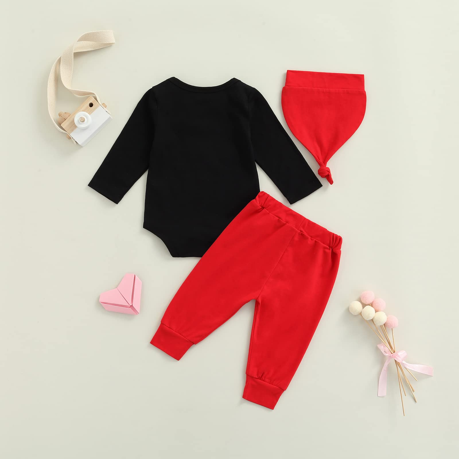 Newborn Infant Baby Boy Girl Clothes Letter Print Romper Pants Set Hat 3PC Outfits Set Coming Home Outfit (Black Red, 0-3 Months)