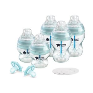 tommee tippee fussy baby complete solution, baby bottle set | advanced anti-colic bottles, breast-like nipples, travel lids, 0-6m ultra-light silicone pacifiers