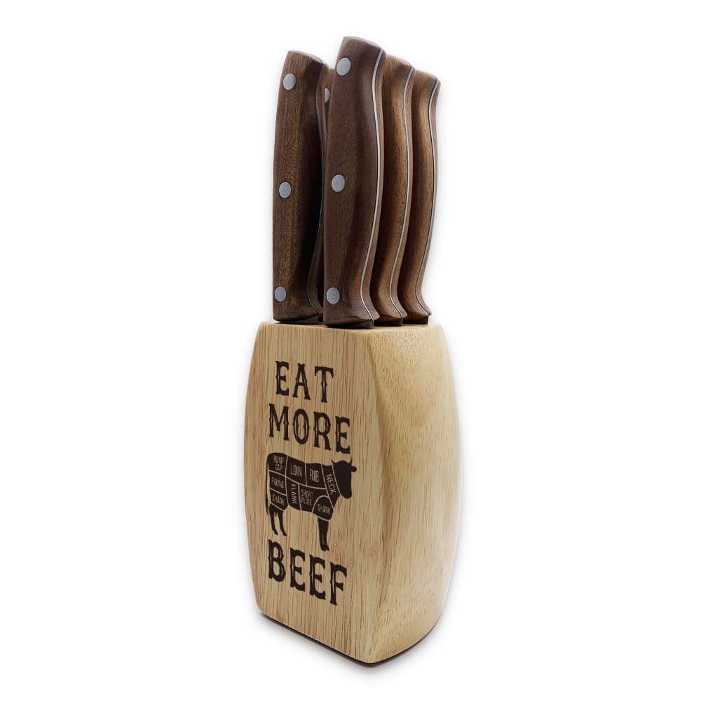 Eat More Beef Farmhouse Kitchen Decor Knife Block For Steak Knives 5 Inch Utility Knives 6 Piece Slot Organizer Durable 100% Natural Oak Wood, Gifts for Family Friends, Housewarming gifts 3.7x2.4x5"