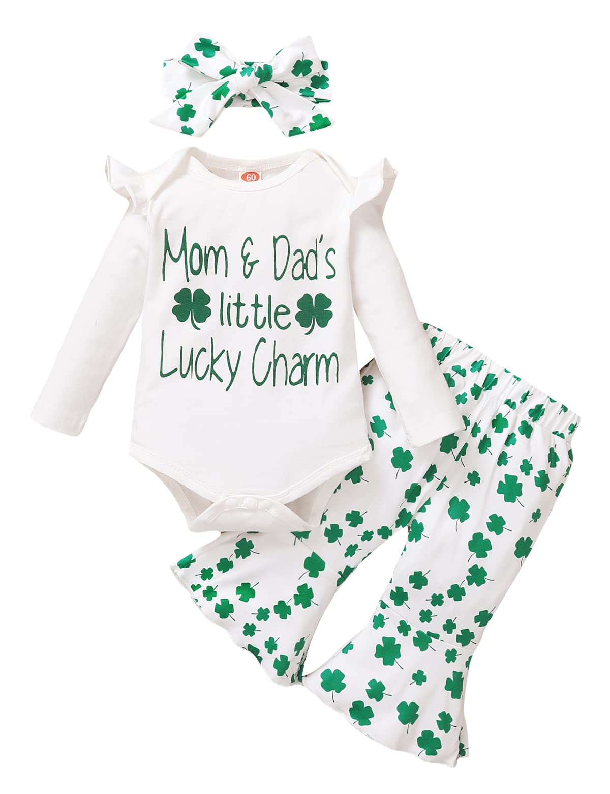 Shalofer Baby St Patricks Day Outfit Girl Newborn My First St Patrick's Day Bodysuit(Green-Flare pants,0-3 Months)