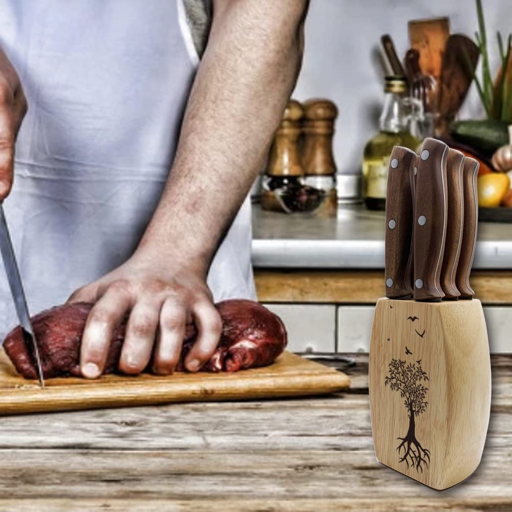 Liphontcta Funny Tree and Birds Pattern Farmhouse Kitchen Decor Knife Block For Steak Knives 5 Inch Utility Knives 6 Piece Slot Organizer Durable 100% Natural Oak Wood