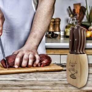 Friends Not Food Farmhouse Kitchen Decor Knife Block For Steak Knives 5 Inch Utility Knives 6 Piece Slot Organizer Durable 100% Natural Oak Wood, Gifts for Family Friends, Birthday gifts 3.7x2.4x5"