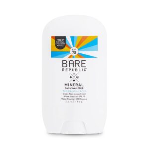 bare republic mineral sunscreen spf 70 sunblock stick, sheer and non-greasy finish, unique teardrop shape for easy application, 2 oz