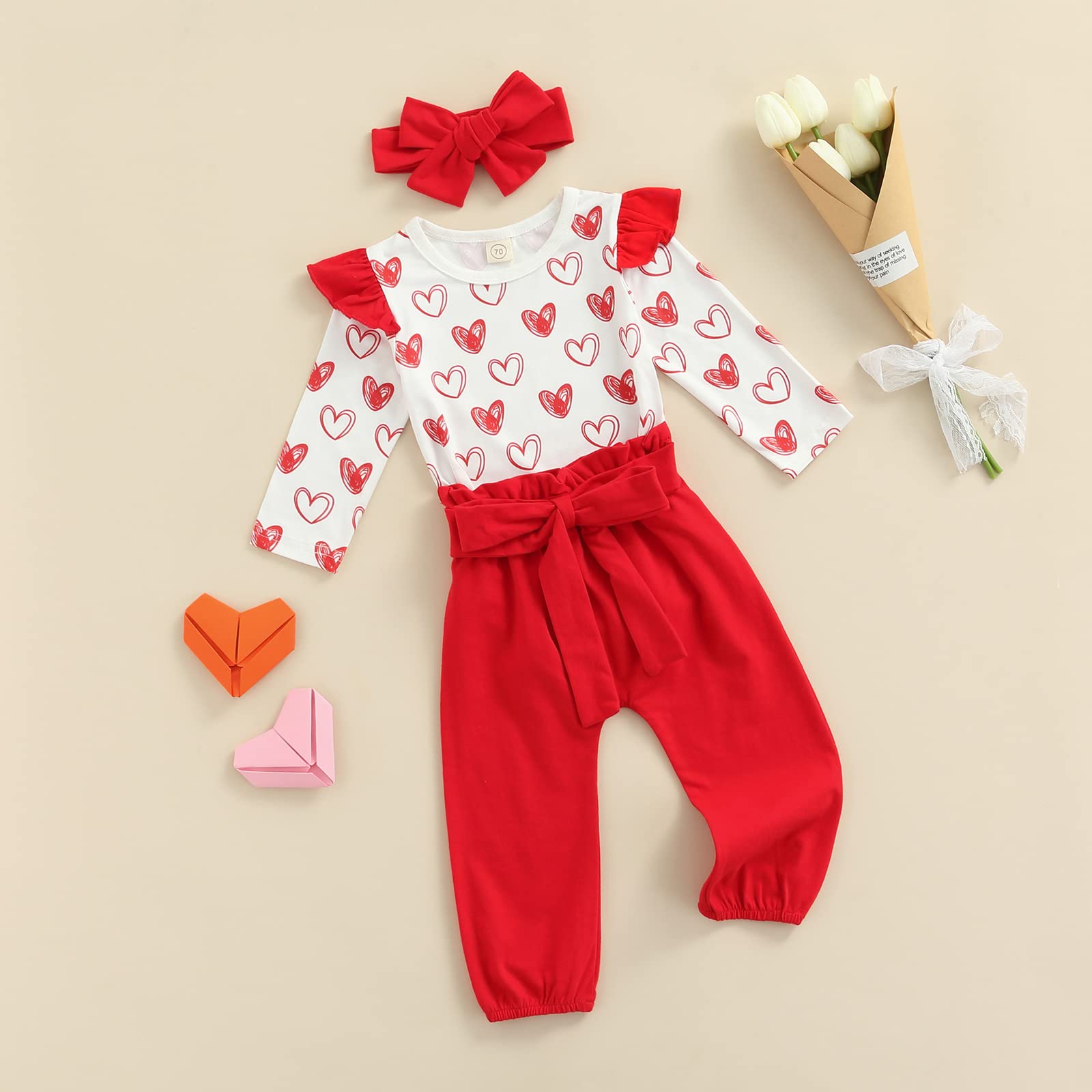 Hnyenmcko Newborn Baby Girl Valentine's Day Outfits Long Sleeve Ruffle Love Heart Print Romper Bow Pants with Headband Holiday Sets 0-24M (Red, 0-6 Months)