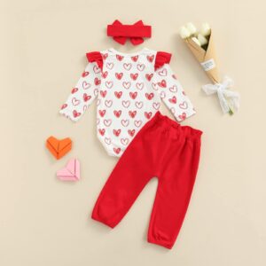 Hnyenmcko Newborn Baby Girl Valentine's Day Outfits Long Sleeve Ruffle Love Heart Print Romper Bow Pants with Headband Holiday Sets 0-24M (Red, 0-6 Months)