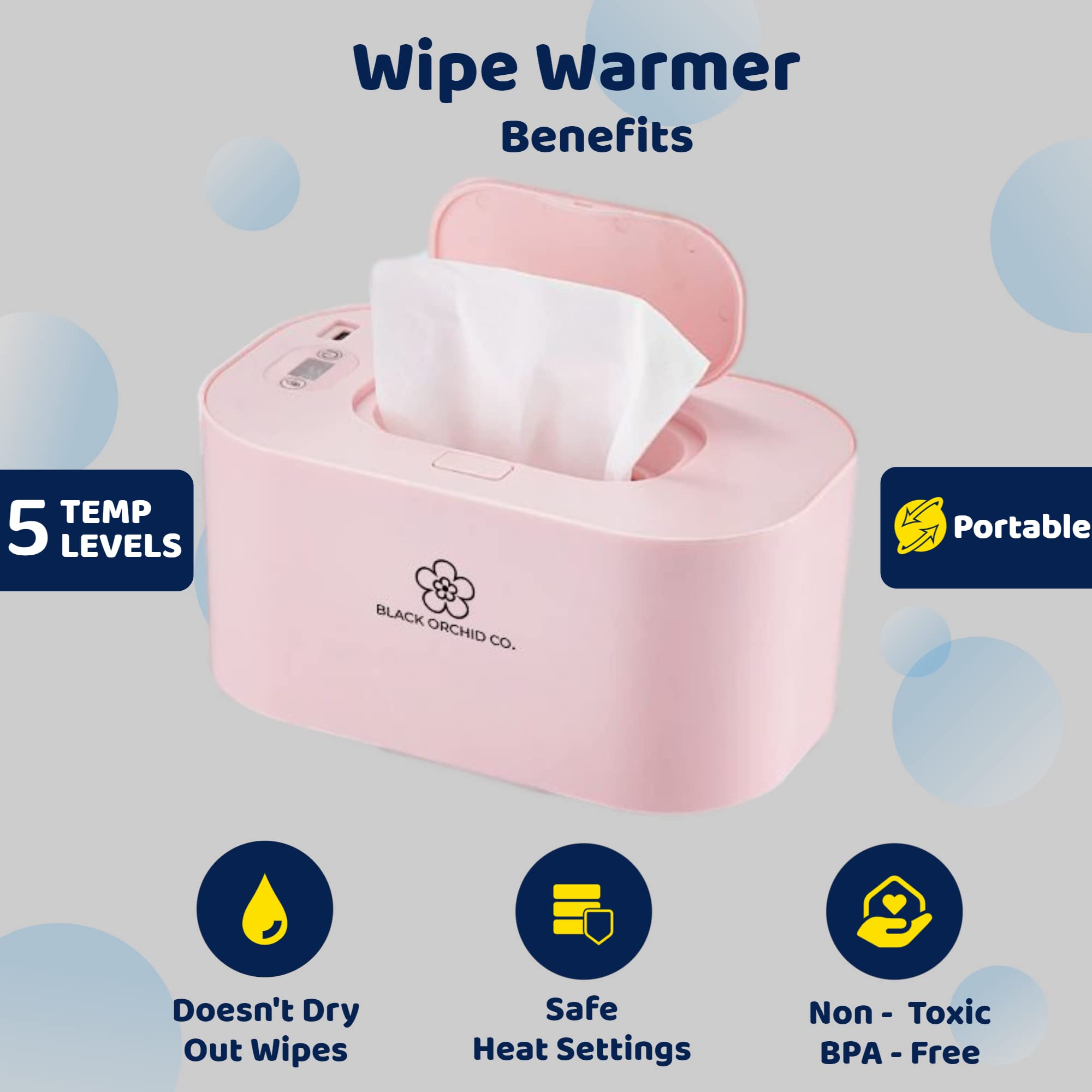 Black Orchid Co. Baby Wipe Warmer | Portable Wipe Warmer with Temp Control | 5 Heat Settings, LCD Display, Baby Wipes Warmer Heats Up Diaper Wipes | Wipe Warmer and Baby Wet Wipes Dispenser (Pink)