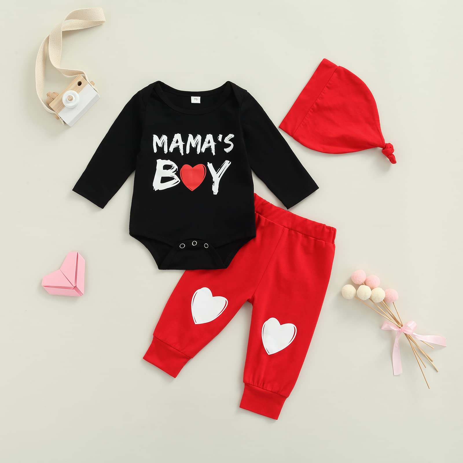 Newborn Infant Baby Boy Girl Clothes Letter Print Romper Pants Set Hat 3PC Outfits Set Coming Home Outfit (Black Red, 0-3 Months)