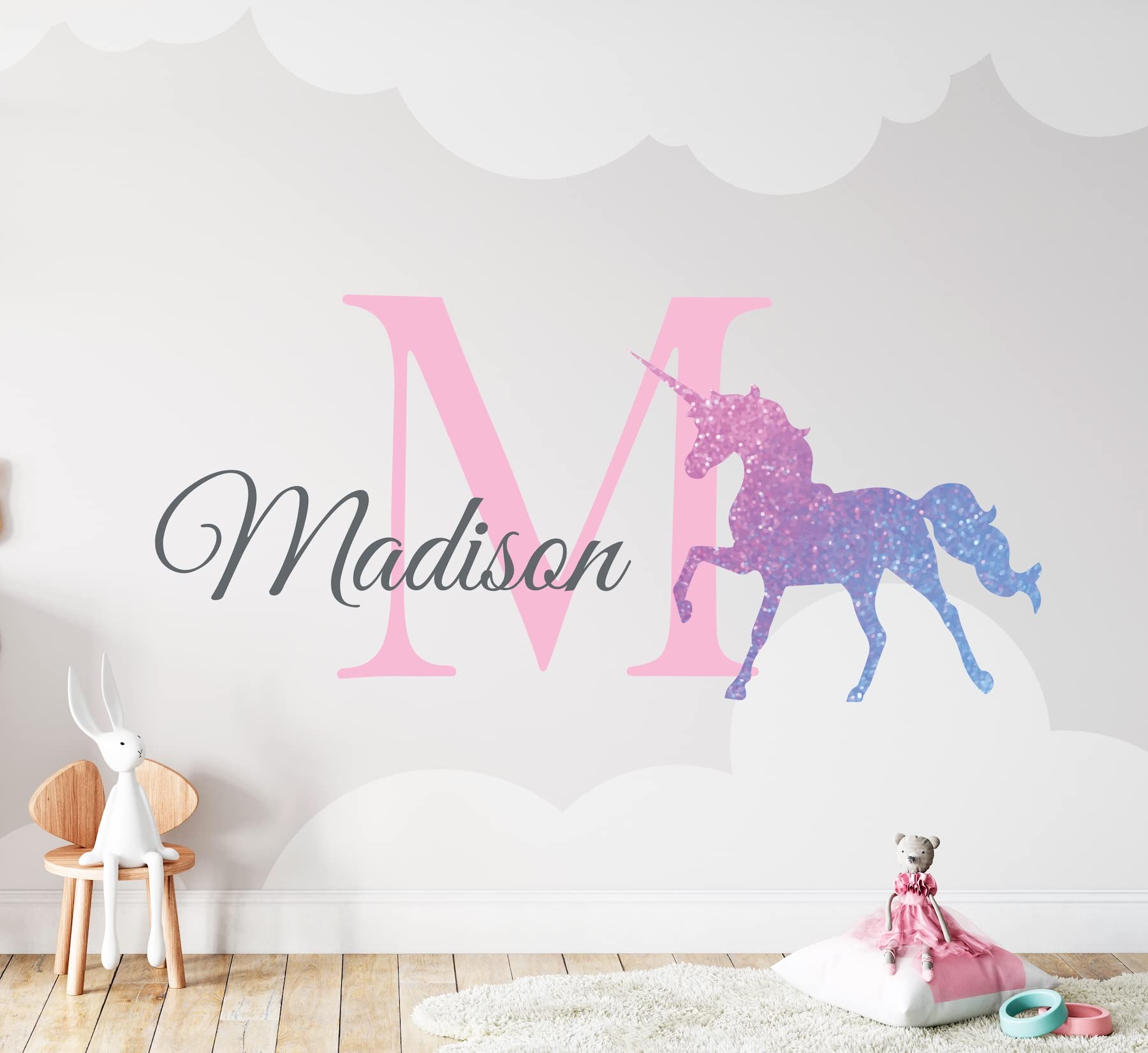 Unicorn Name Wall Decal Custom Art Decor Sparkle Sticker Girl Room Personalized Glitter