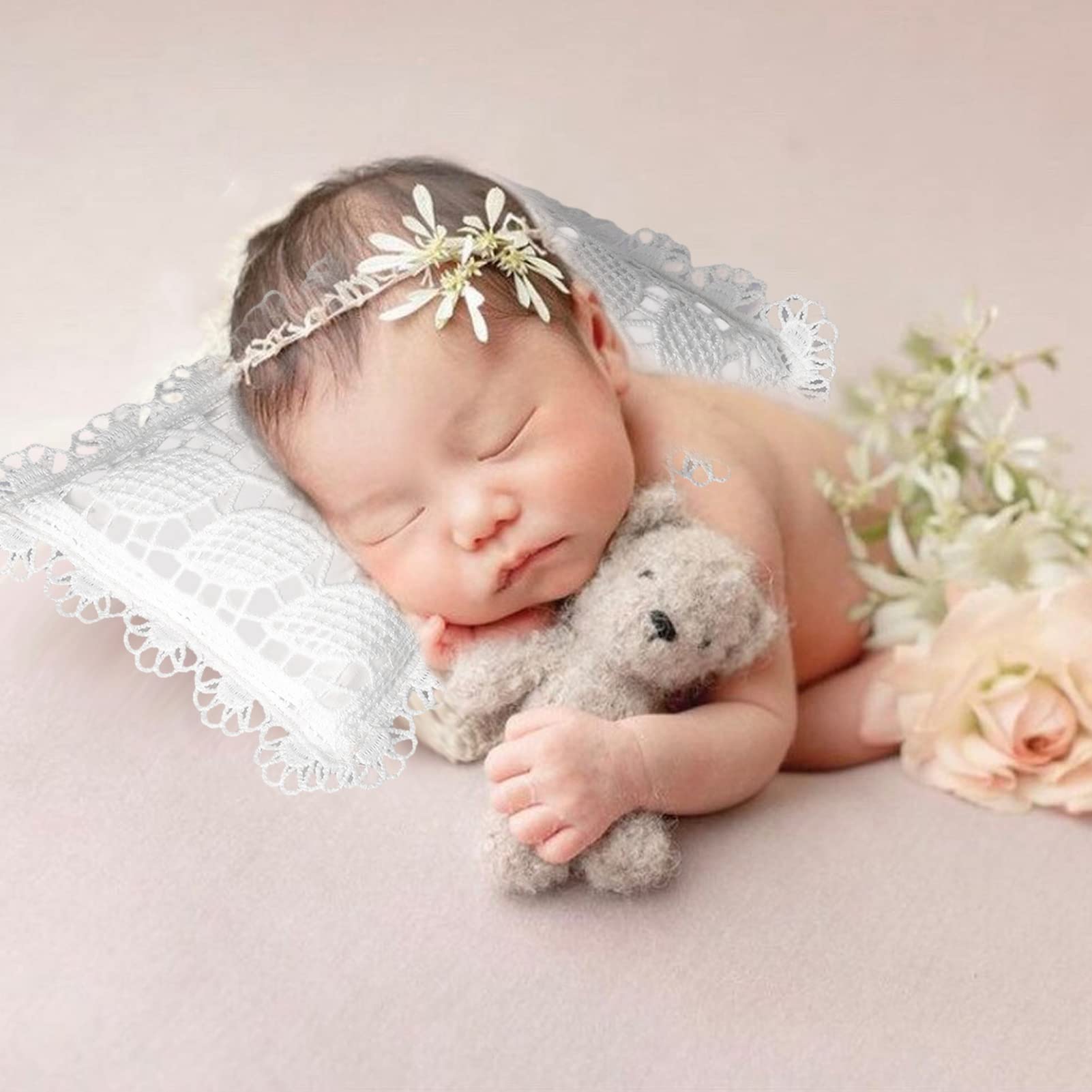 Baby Photography Blanket Pillow Set Newborn Photo Props Set Hollow Lace Round Blanket Pillow(White)