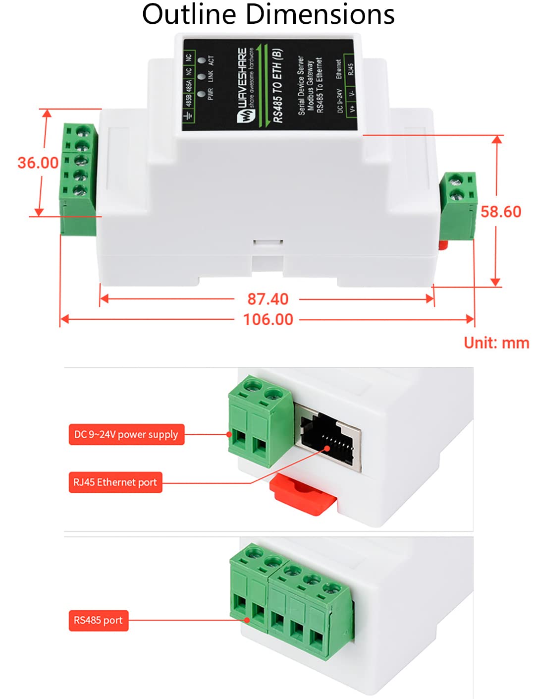 waveshare Ethernet Industrial Serial Server RS485 to RJ45 Ethernet Module, TCP/IP to Serial, Support Rail-Mount/Modbus Gateway, TCP Server/TCP Client/UDP Mode/UDP Multicast Multi Communication Modes