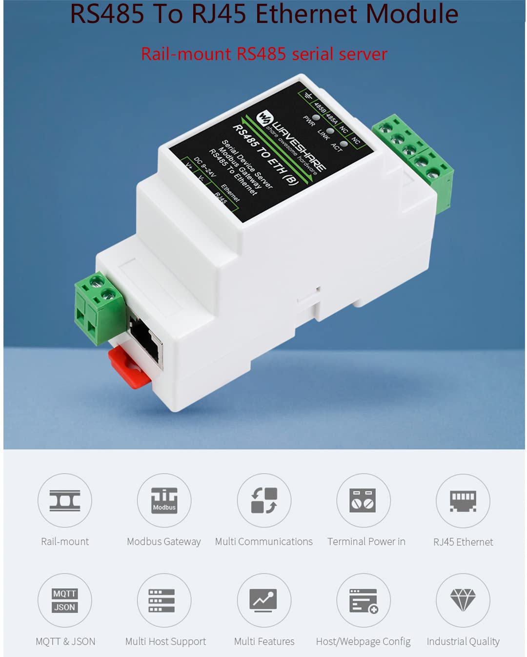 waveshare Ethernet Industrial Serial Server RS485 to RJ45 Ethernet Module, TCP/IP to Serial, Support Rail-Mount/Modbus Gateway, TCP Server/TCP Client/UDP Mode/UDP Multicast Multi Communication Modes