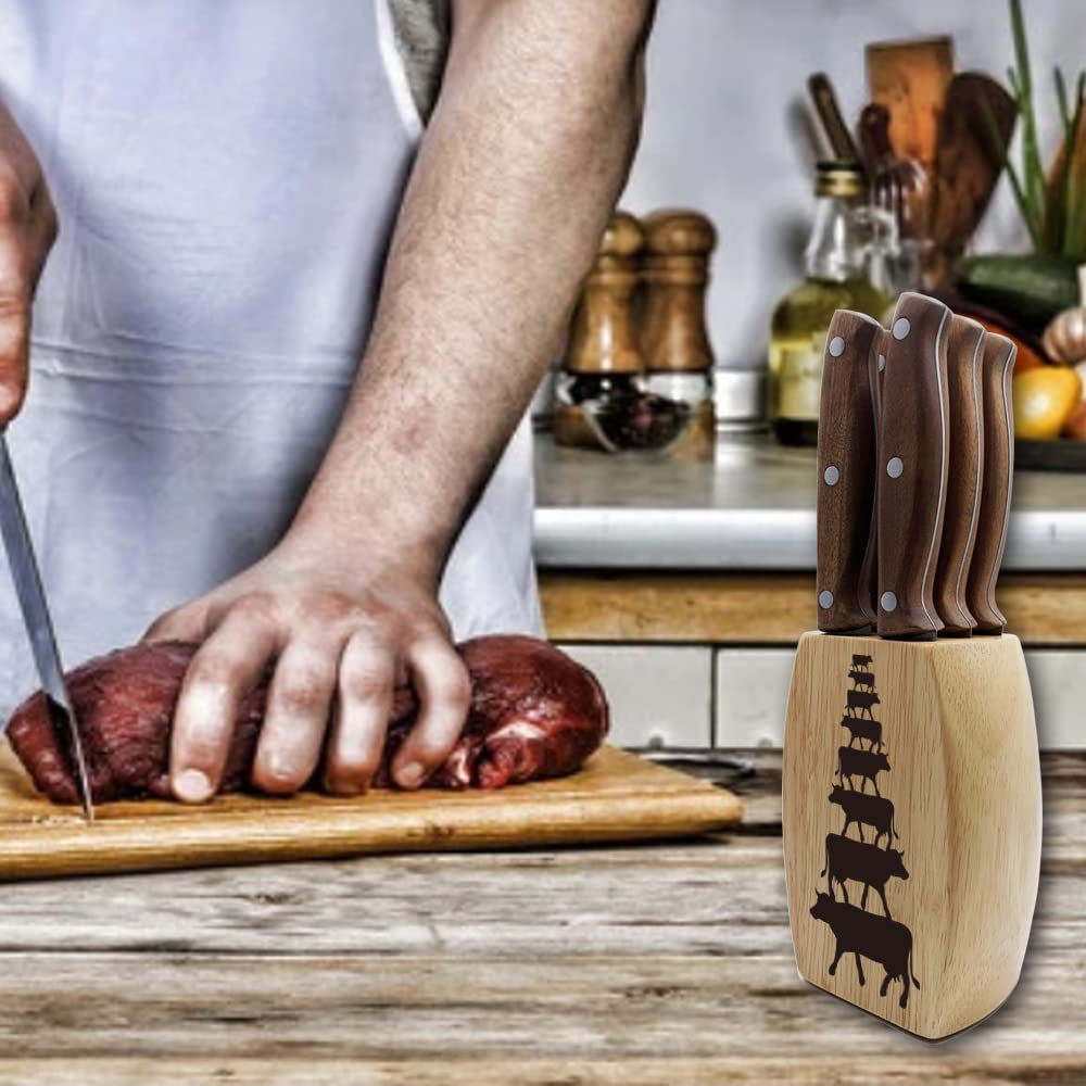 IDEAL ERA Funny Cattle Pattern Farmhouse Kitchen Decor For Steak Knives 5 Inch Utility 6 Piece Slot Durable 100% Natural Oak Wood, Gift Family Friends, Birthday gifts 3.7*2.4*5inch,Light Brown DXA10