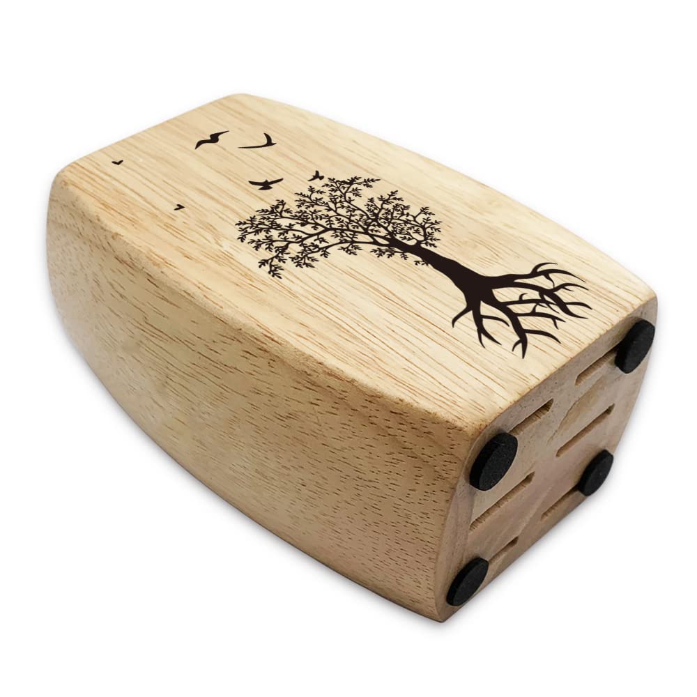 Liphontcta Funny Tree and Birds Pattern Farmhouse Kitchen Decor Knife Block For Steak Knives 5 Inch Utility Knives 6 Piece Slot Organizer Durable 100% Natural Oak Wood