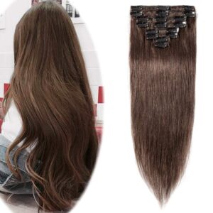 Hairro 100% Real Human Hair Clip in Extensions 8 Inch Short #4 Medium Brown 45g Thin 8 Pcs 18 Clips Straight Clip on Human Hairpieces for Women