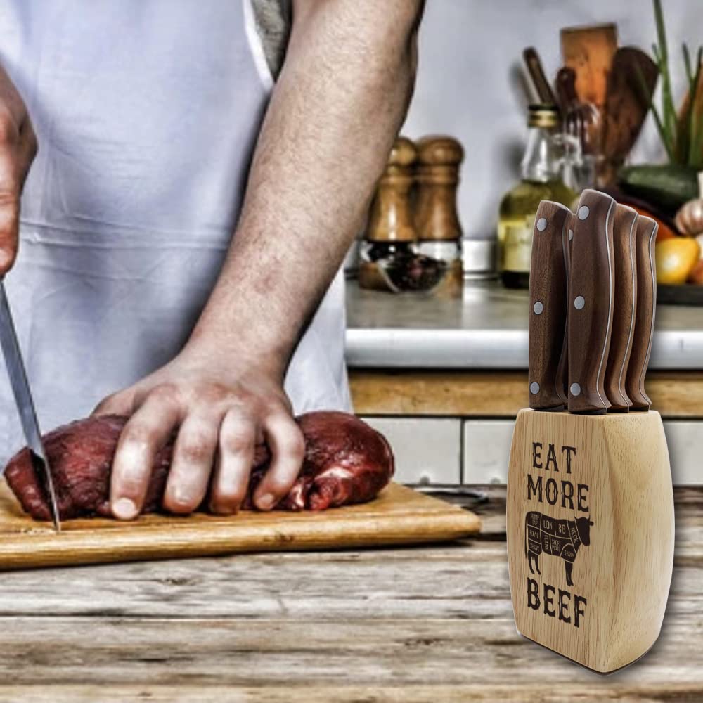 Eat More Beef Farmhouse Kitchen Decor Knife Block For Steak Knives 5 Inch Utility Knives 6 Piece Slot Organizer Durable 100% Natural Oak Wood, Gifts for Family Friends, Housewarming gifts 3.7x2.4x5"