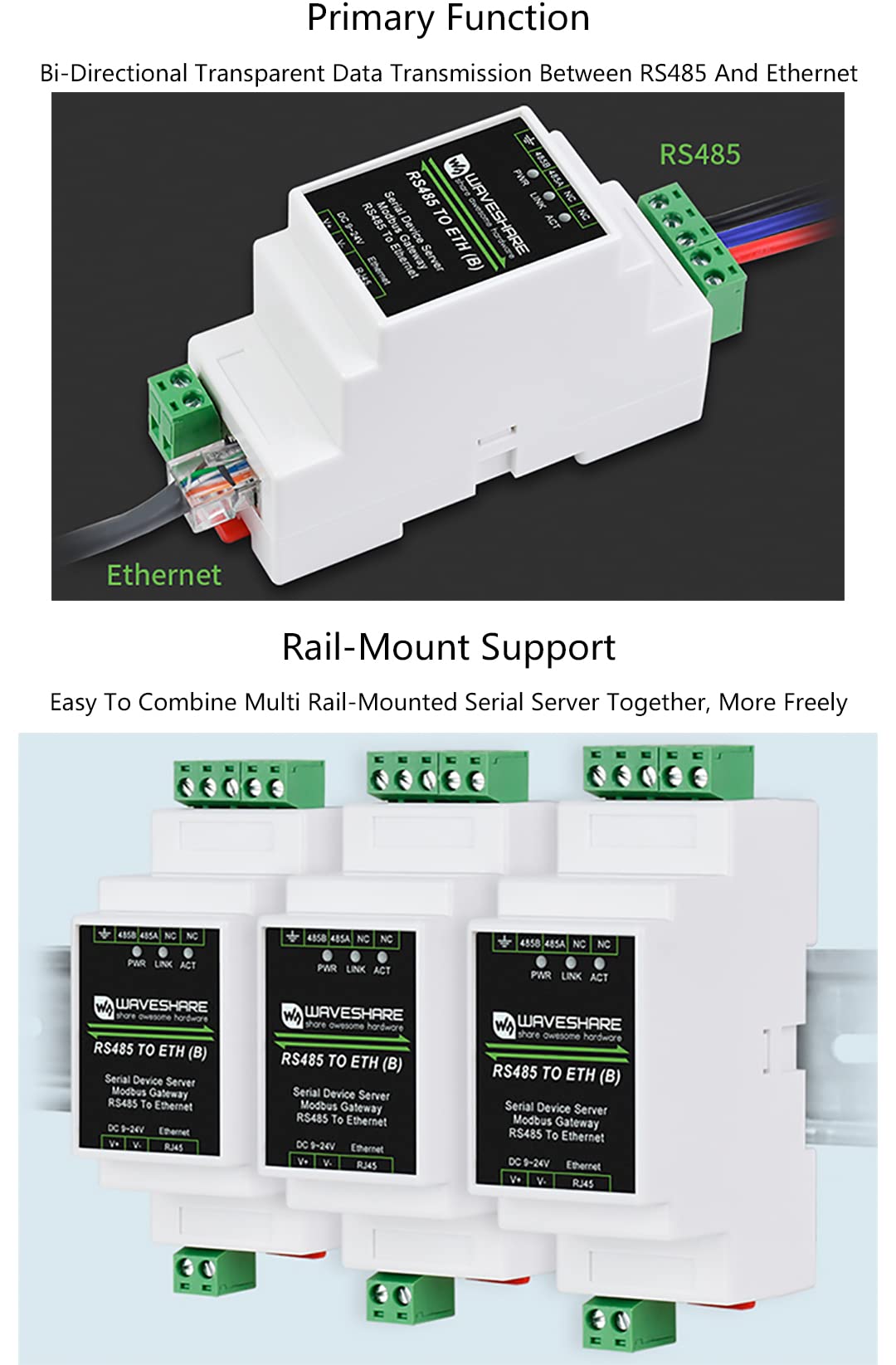 waveshare Ethernet Industrial Serial Server RS485 to RJ45 Ethernet Module, TCP/IP to Serial, Support Rail-Mount/Modbus Gateway, TCP Server/TCP Client/UDP Mode/UDP Multicast Multi Communication Modes