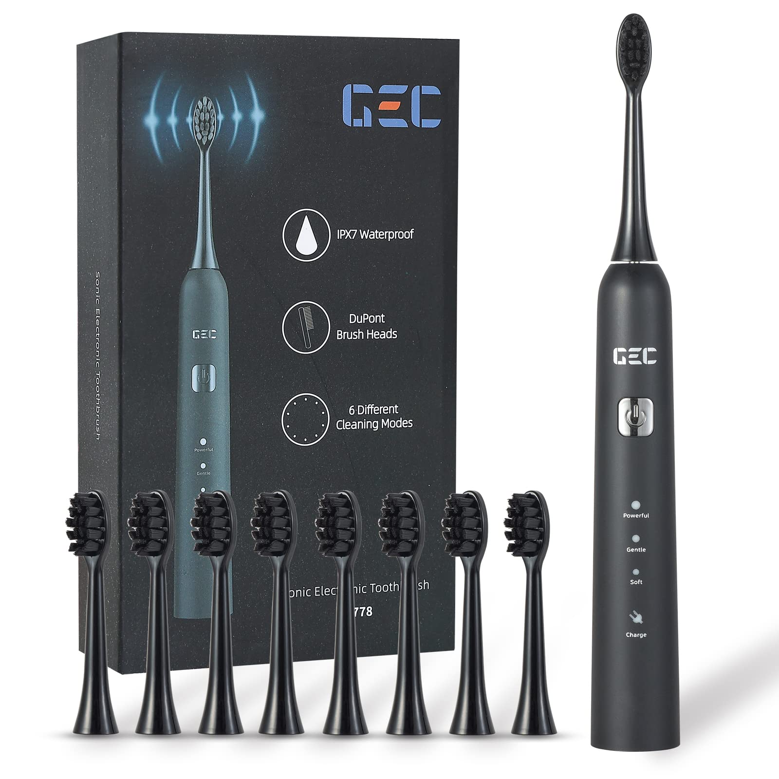 GEC Sonic Electric Toothbrush with 8 Brush Heads for Adults,6 High Power Brushing Modes,2 Minutes Build in Smart Timer Electric Toothbrush for Adult and Kids