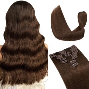 hairro 100% real human hair clip in extensions 8 inch short #4 medium brown 45g thin 8 pcs 18 clips straight clip on human hairpieces for women