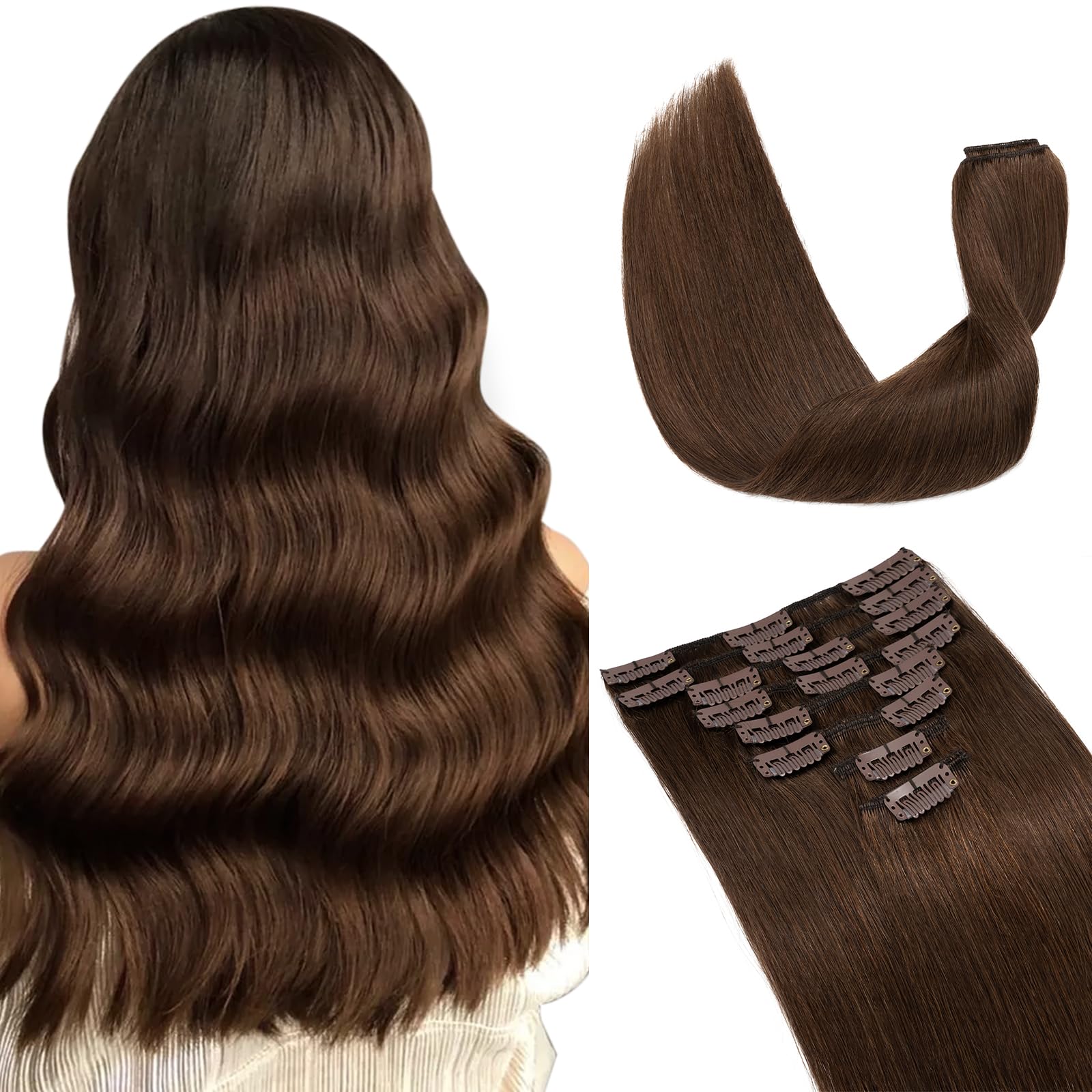 Hairro 100% Real Human Hair Clip in Extensions 8 Inch Short #4 Medium Brown 45g Thin 8 Pcs 18 Clips Straight Clip on Human Hairpieces for Women