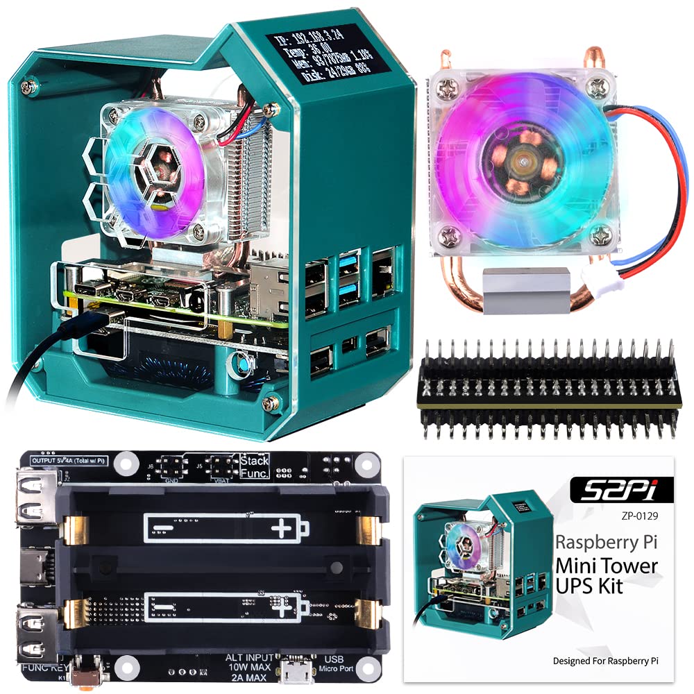 GeeekPi Case for Raspberry Pi 4, Pi 4 Mini Tower Case with ICE Tower Cooler, with UPS Plus Hat, 0.96 inch OLED Display, GPIO 1 to 2 Expansion Board for Raspberry Pi 4 Model B