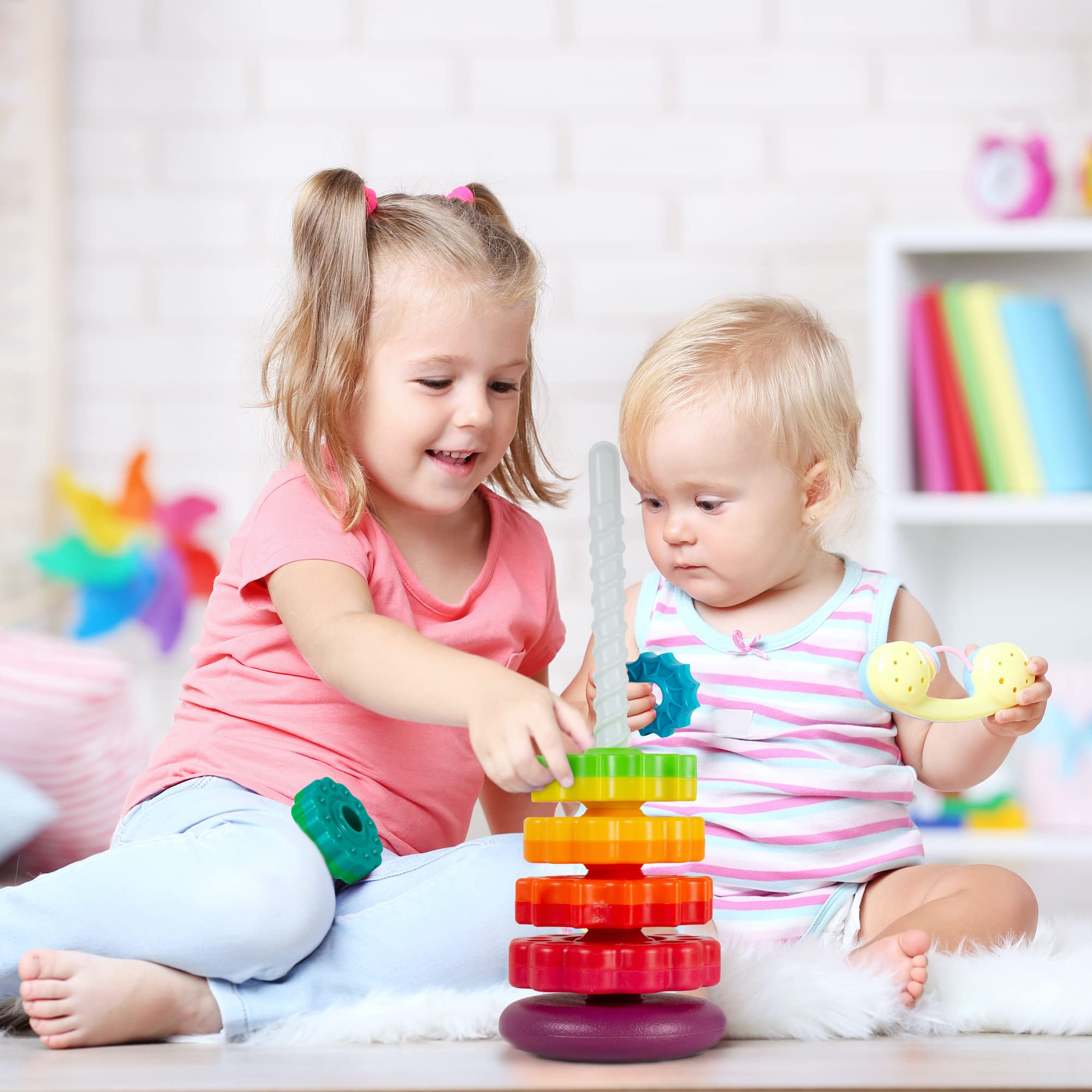 Ollie & Olive learn & play Spinning Toy Rainbow Spinning Stacking Tower - Stacking Toy for Toddlers and Babies 12 Months+ - Fun Educational - Hand Eye Coordination - Learning Toy for Boys and Girls