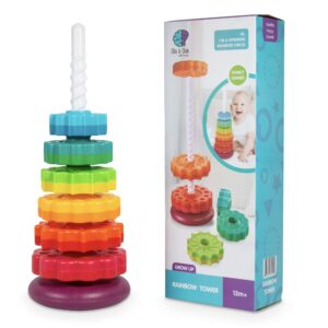 ollie & olive learn & play spinning toy rainbow spinning stacking tower - stacking toy for toddlers and babies 12 months+ - fun educational - hand eye coordination - learning toy for boys and girls