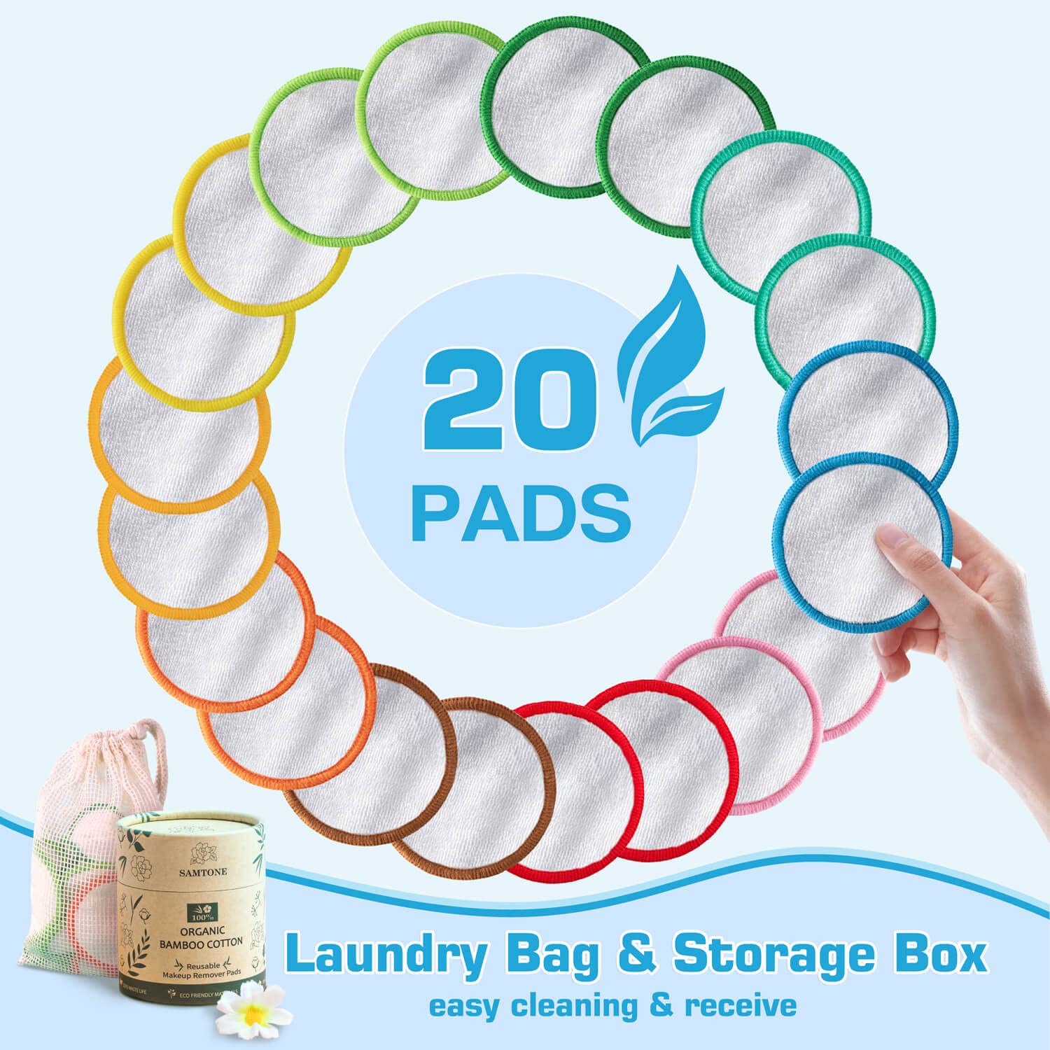 Samtone Reusable Makeup Remover Pads 20 Pack with Cotton Laundry Bag and Round Box – Organic Face Cleansing Reusable Cotton Rounds for Toner, Washable Eco-Friendly Bamboo Cotton Pads Diameter 8cm