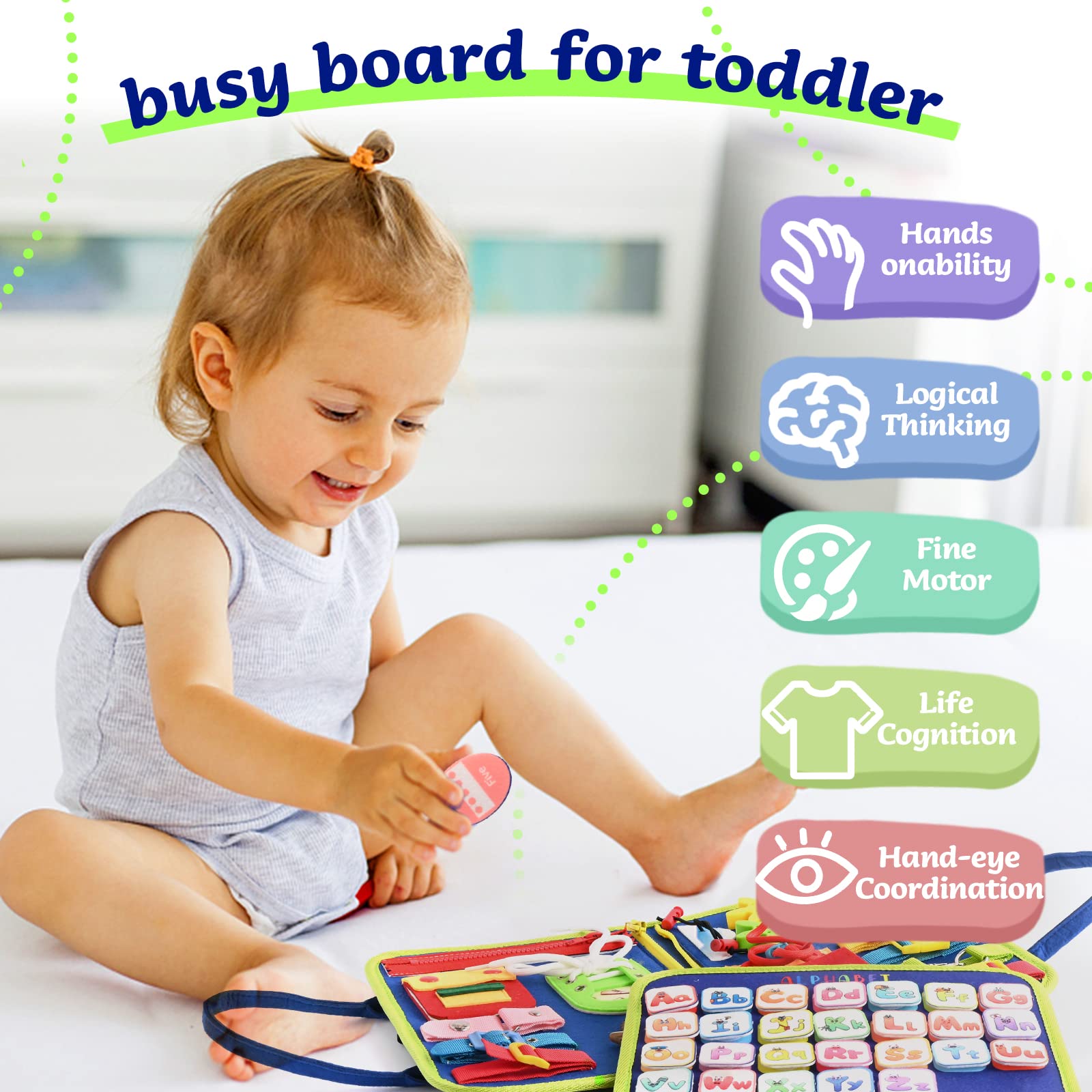 TenFans Busy Board Montessori Toys for 1 2 3 4 Year Old, Toddler Toys, Sensory Toys Preschool Learning Toys Gifts for Toddlers, Autism Toys, Educational Travel Toy for Fine Motor Skills